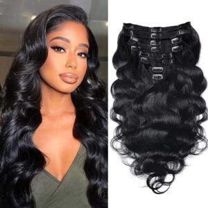 body wave clip in hair extensions for black women 8pcs clip in human hair extensions with 18 clips double weft natural color 120g(16inch, natural black body)