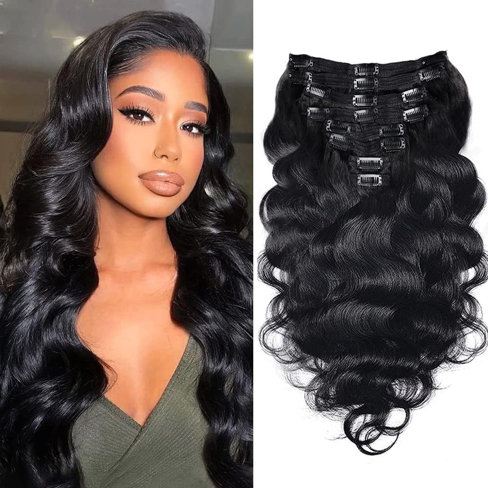 Body Wave Clip In Hair Extensions For Black Women 8Pcs Clip In Human Hair Extensions With 18 Clips Double Weft Natural Color 120g(16inch, Natural Black Body)