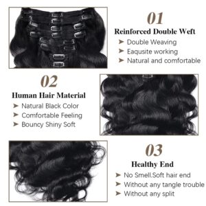 Body Wave Clip In Hair Extensions For Black Women 8Pcs Clip In Human Hair Extensions With 18 Clips Double Weft Natural Color 120g(16inch, Natural Black Body)