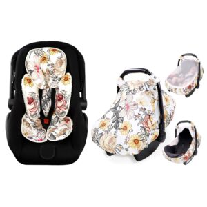 floral car seat insert,cushion for stroller, swing, bouncer, 2-in-1 reversible, floral baby car seat cover for girl,infant carseat canopy sun cover，baby carrier cover with zipped peep windows