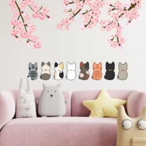 cute cat wall stickers peel and stick cherry blossom wall decals kawaii animal nursery wall decor baby kids bedroom art decoration