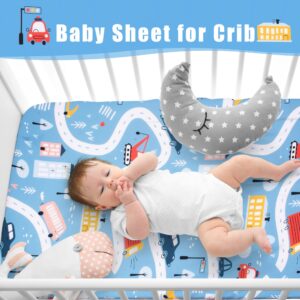 Cloele Fitted Crib Sheet - Baby Nursery Sheet 100% Polyester 1 Pack Cozy Bed Sheet for Standard Crib and Toddler Mattresses - Blue Car Nursery Bed Sheet Infant Baby Toddler Sheet for Baby