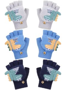 bencailor 3 pair convertible mittens kids knitted warm fingerless gloves toddler cartoon gloves with mitten cover for boy girl (blue, navy, gray, dinosaur)