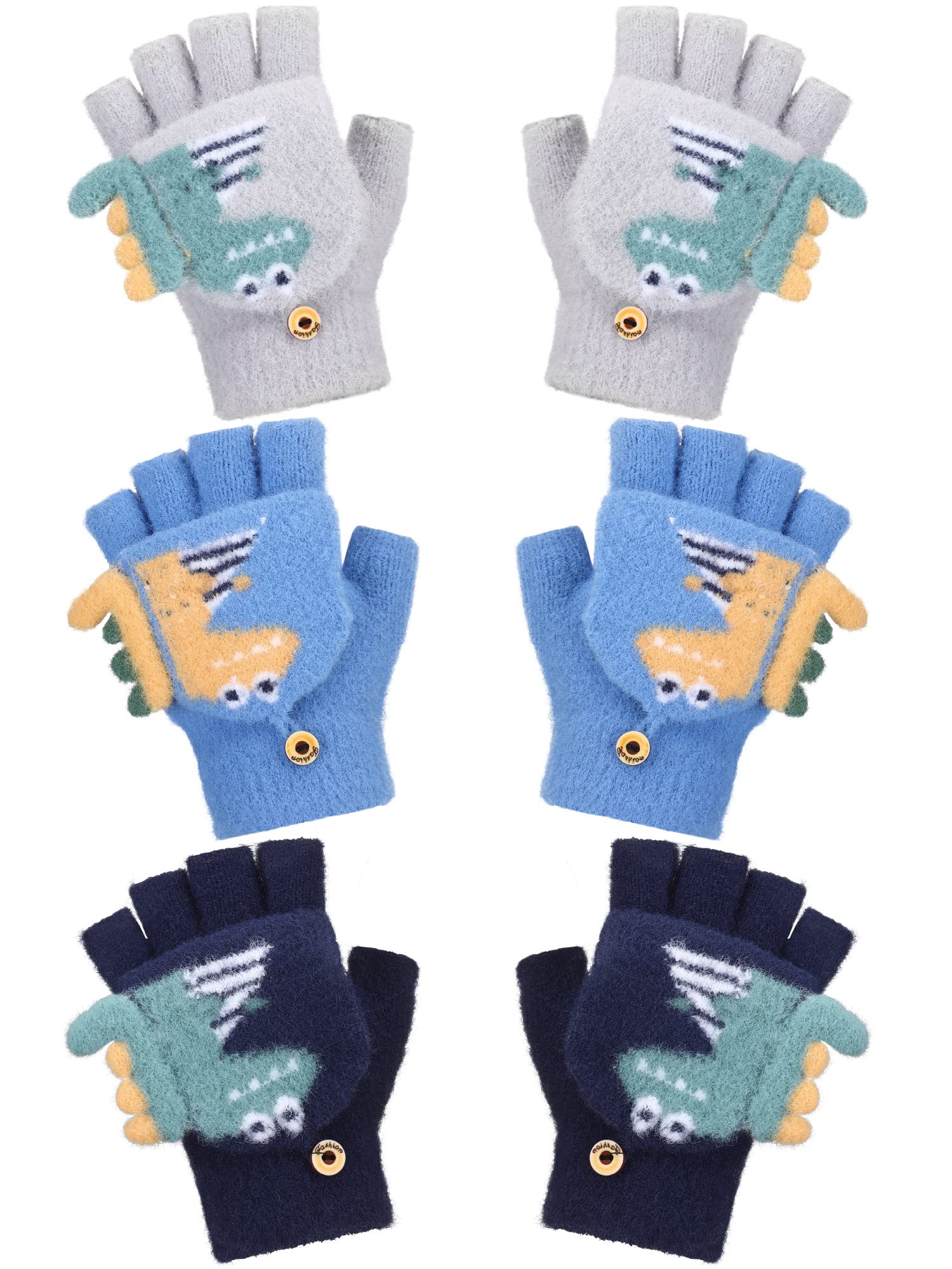 Bencailor 3 Pair Convertible Mittens Kids Knitted Warm Fingerless Gloves Toddler Cartoon Gloves with Mitten Cover for Boy Girl (Blue, Navy, Gray, Dinosaur)