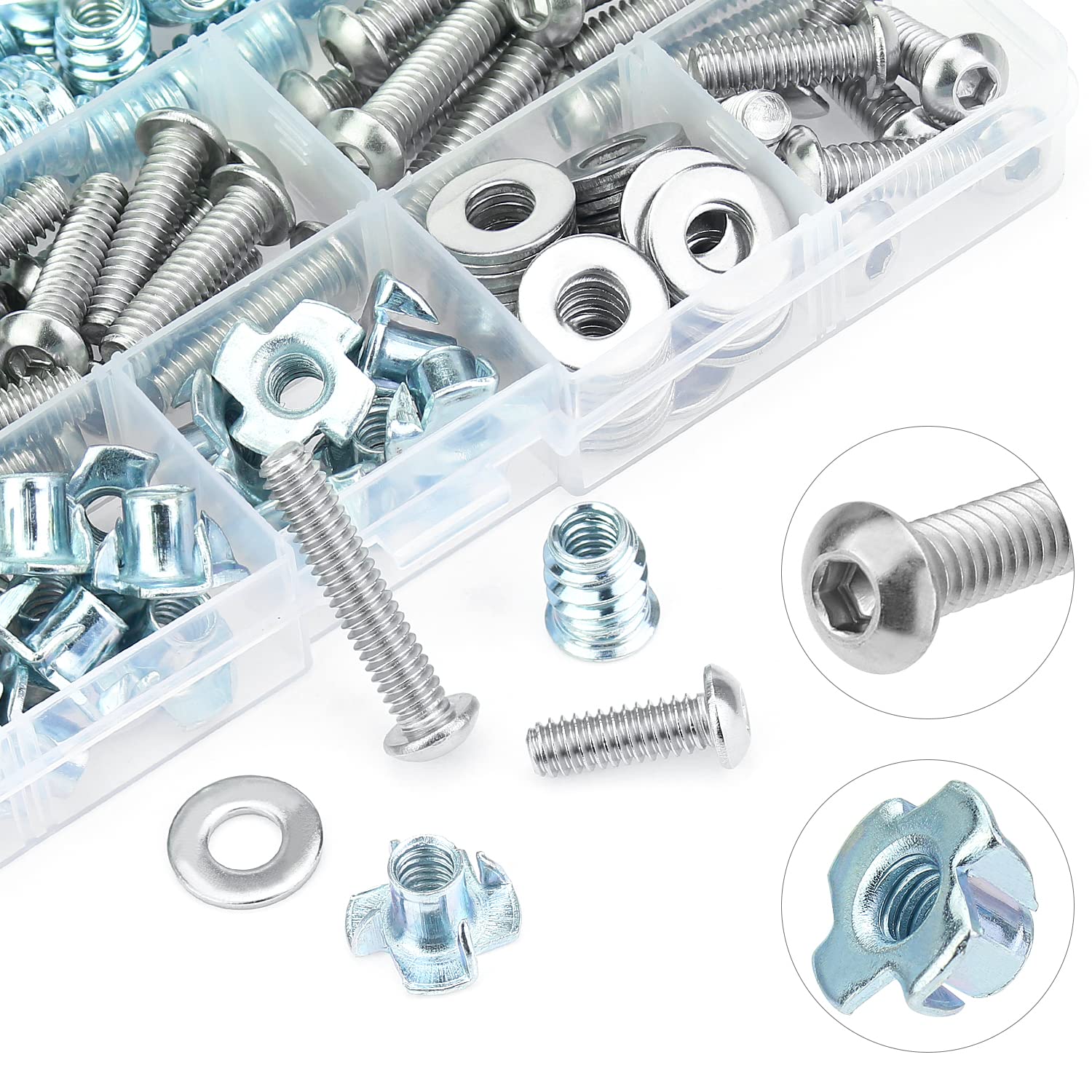 HELIFOUNER 1/4"-20 Threaded Inserts for Wood Furniture, 1/4"-20 T Nuts, 1/4-20 x 3/4", 1", 1-1/4" Button Head Socket Cap Screws, 1/4" Flat Washers Assortment Kit, 120 Pieces