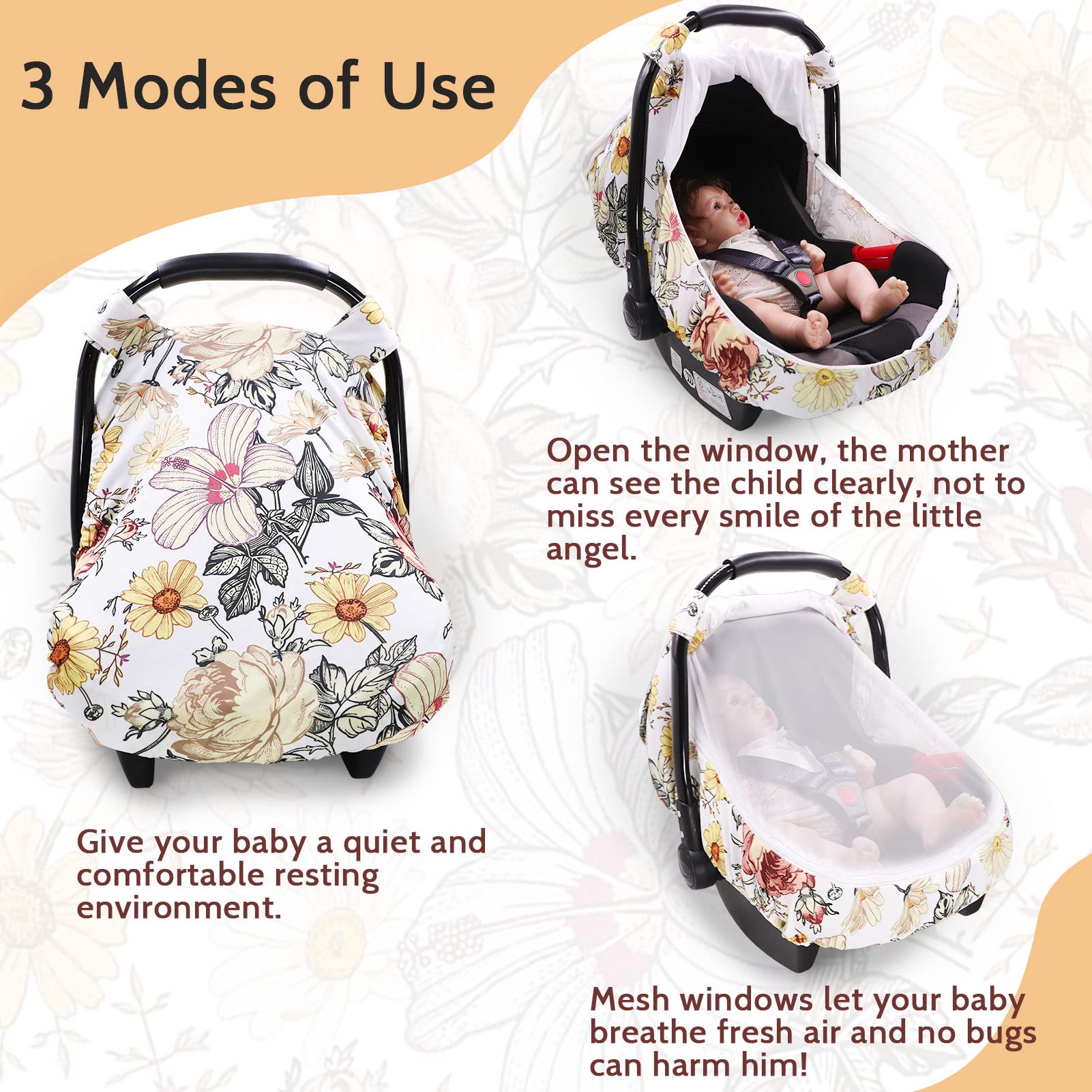 Floral Car Seat Insert,Cushion for Stroller, Swing, Bouncer, 2-in-1 Reversible, Floral Baby Car Seat Cover for Girl,Infant Carseat Canopy Sun Cover，Baby Carrier Cover with Zipped Peep Windows