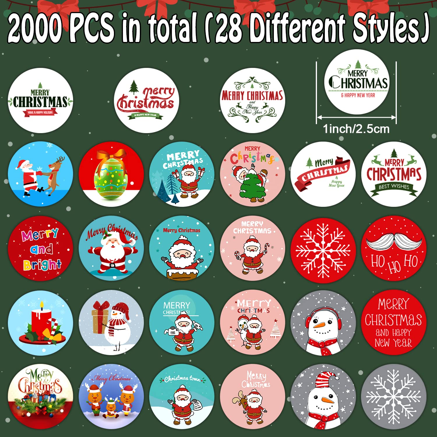 Partywind 2000 PCS Christmas Stickers, Christmas Holiday Labels Stickers for Cards/Envelopes, Christmas Ornaments Stickers with Santa Snowflake Snowman (4 Rolls)