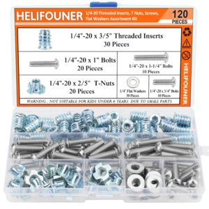 HELIFOUNER 1/4"-20 Threaded Inserts for Wood Furniture, 1/4"-20 T Nuts, 1/4-20 x 3/4", 1", 1-1/4" Button Head Socket Cap Screws, 1/4" Flat Washers Assortment Kit, 120 Pieces