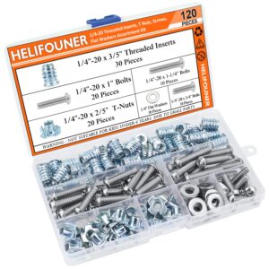 HELIFOUNER 1/4"-20 Threaded Inserts for Wood Furniture, 1/4"-20 T Nuts, 1/4-20 x 3/4", 1", 1-1/4" Button Head Socket Cap Screws, 1/4" Flat Washers Assortment Kit, 120 Pieces