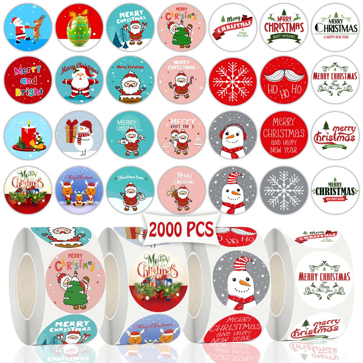 Partywind 2000 PCS Christmas Stickers, Christmas Holiday Labels Stickers for Cards/Envelopes, Christmas Ornaments Stickers with Santa Snowflake Snowman (4 Rolls)