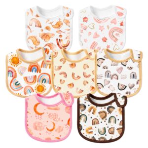 2ooya 7pcs cotton waterproof baby bibs adjustable hook loop closure baby bib with rainbow pattern unisex newborn baby food bib for drooling feeding eating teething keepsake gift for baby, 6-12 months