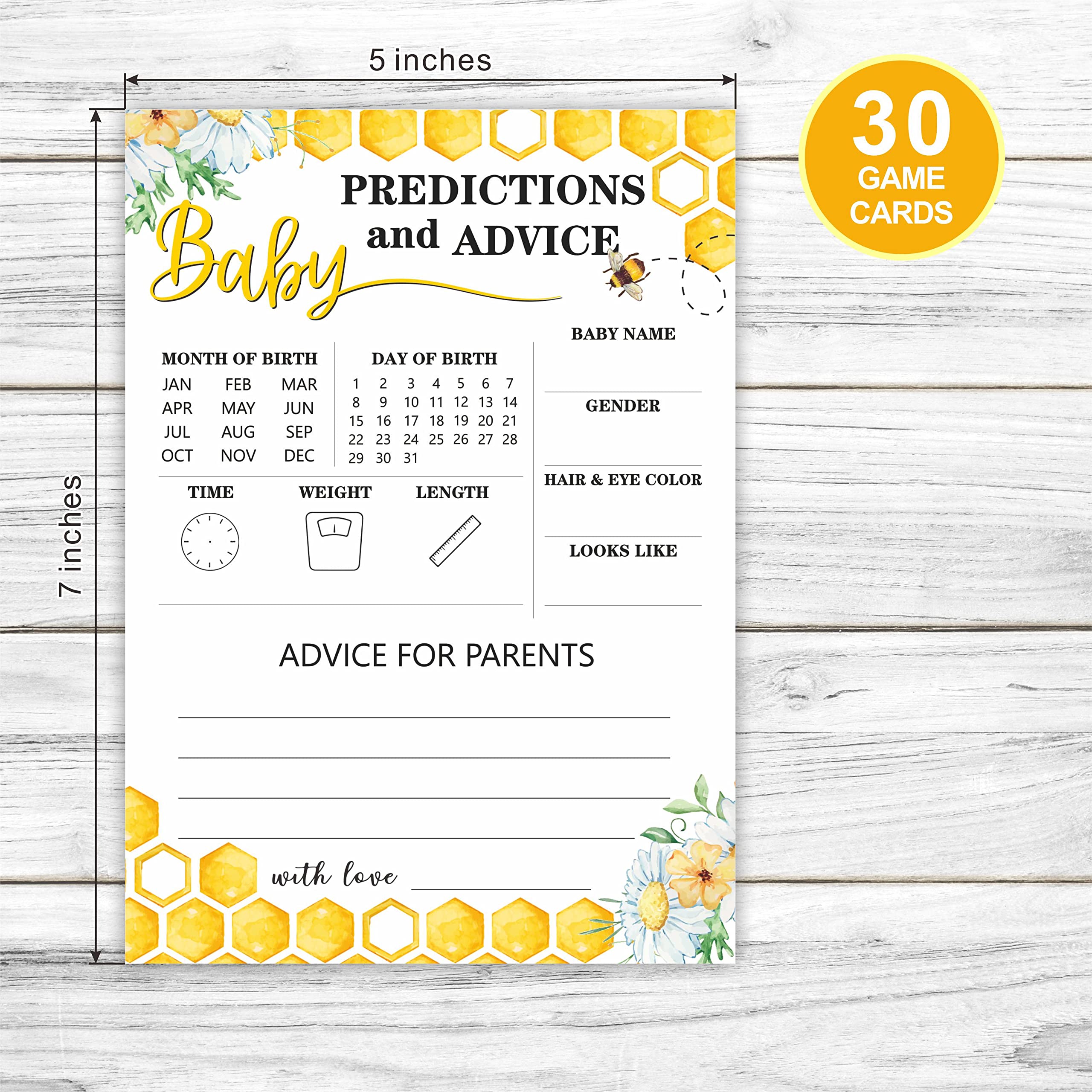 Honey Bee Themed Baby Shower Game Cards, Predictions and Advice double sided - 30 in pack (5 X 7 inches)-（BABYYX-002）