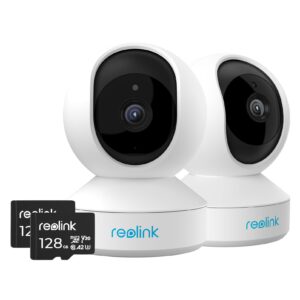 reolink indoor security camera e1 pro 2 pack bundle with 2pcs 128gb sd card, indoor camera for home security with phone app, 2.4/5ghz wifi, baby monitor, pet camera