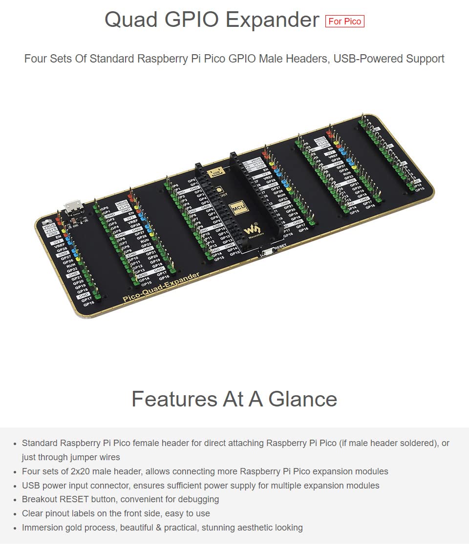 Waveshare 4xPorts Quad GPIO Expander Supports USB External Power Supply for Raspberry Pi Pico Series Motherboard