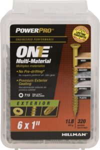 power pro premium one multi-material flat head screws, epoxy coated steel, fasten in wood, metal, concrete, drywall and plastic, bronze, #6 x 1 inch, box of 320 screws