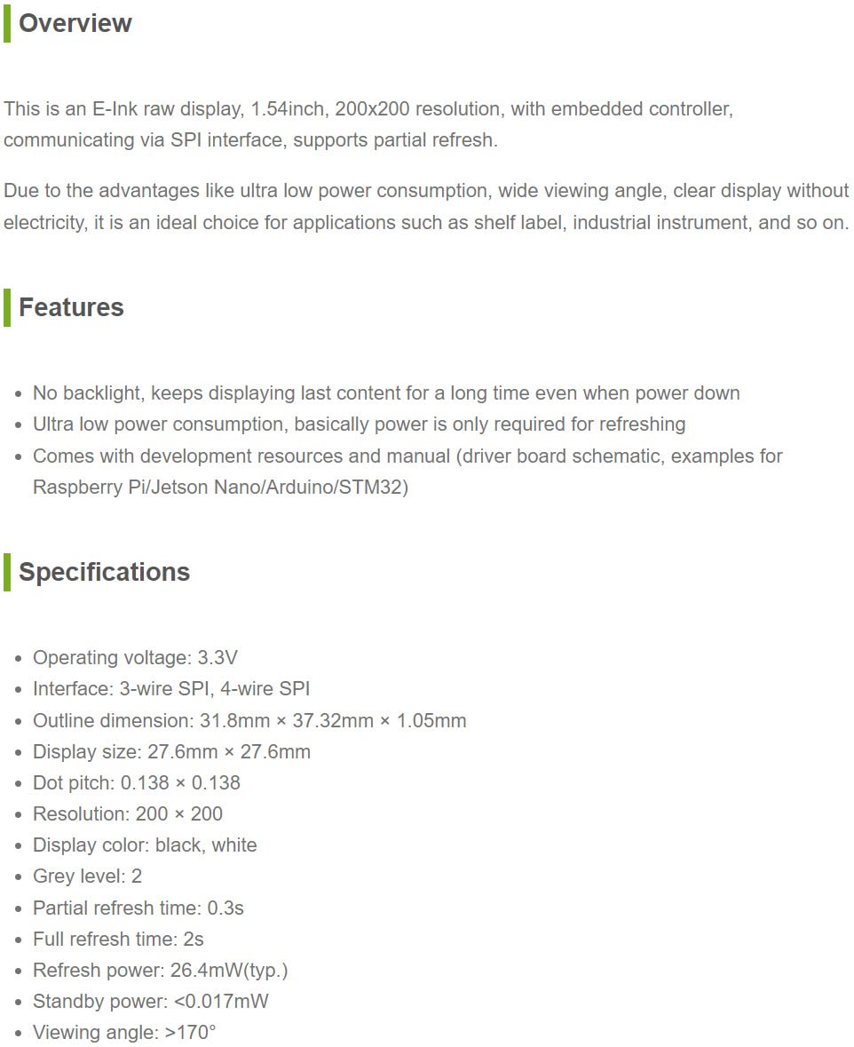 Waveshare 1.54inch e-Paper, 200x200 Resolution Raw Display Compatible with Raspberry/STM32(Without PCB)