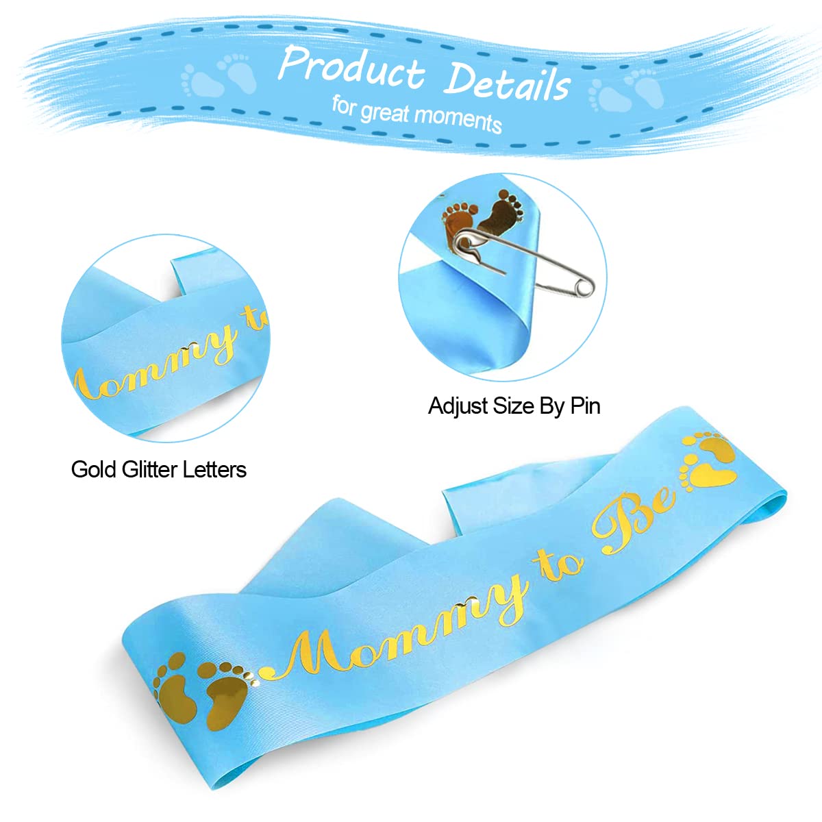 HUKONHEP 2 Packs Blue Baby Shower Sash, Mommy to Be Sash and Daddy to Be Badge, Baby Shower Decorations for Boys, Gender Reveals Gift