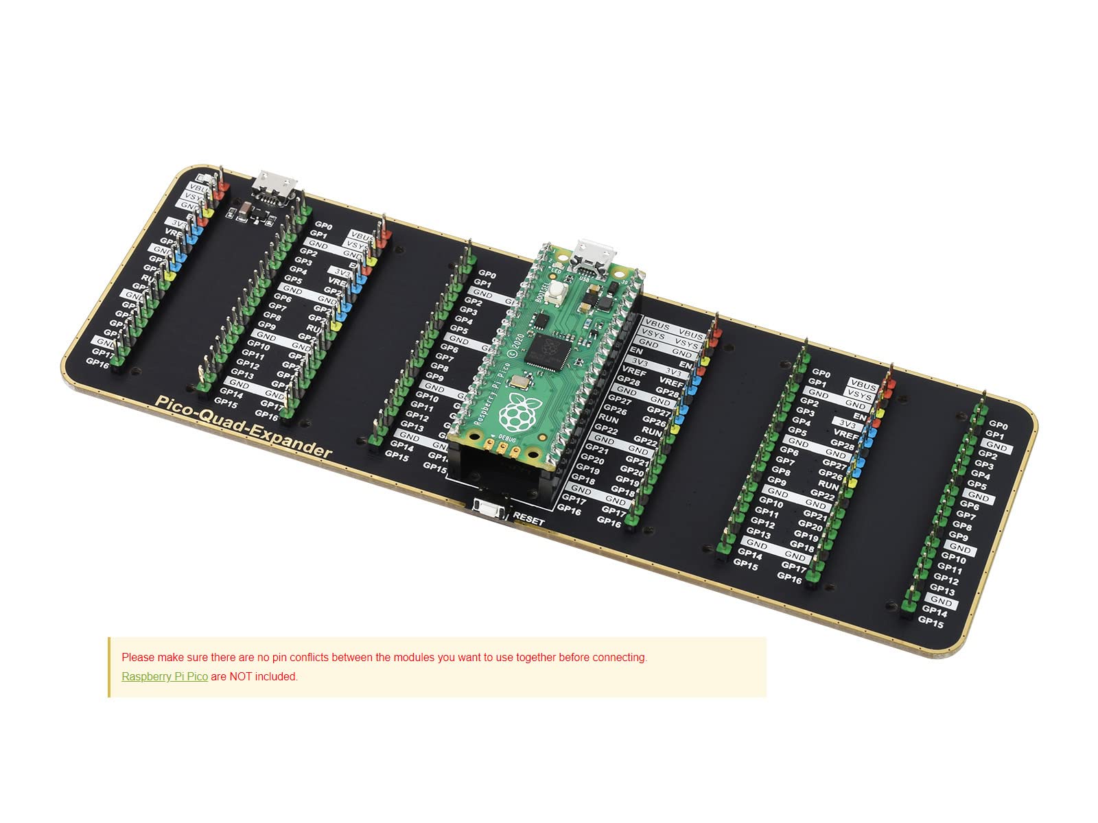 Waveshare 4xPorts Quad GPIO Expander Supports USB External Power Supply for Raspberry Pi Pico Series Motherboard