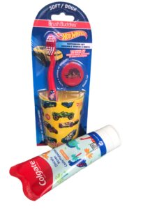 kids soft bristles toothbrush set,cap, rinsing cup decorated with race cars, easy to grip, kids toothpaste (bonus included)