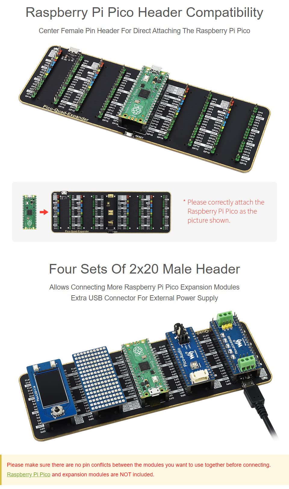 Waveshare 4xPorts Quad GPIO Expander Supports USB External Power Supply for Raspberry Pi Pico Series Motherboard