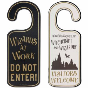 harry potter double-sided reversible wood door hanger - wizards at work and hogwarts vistors welcome