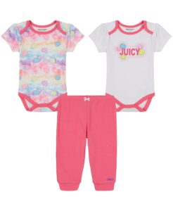 juicy couture baby girls three 3 pieces pant set, white/rose, 3/6m us