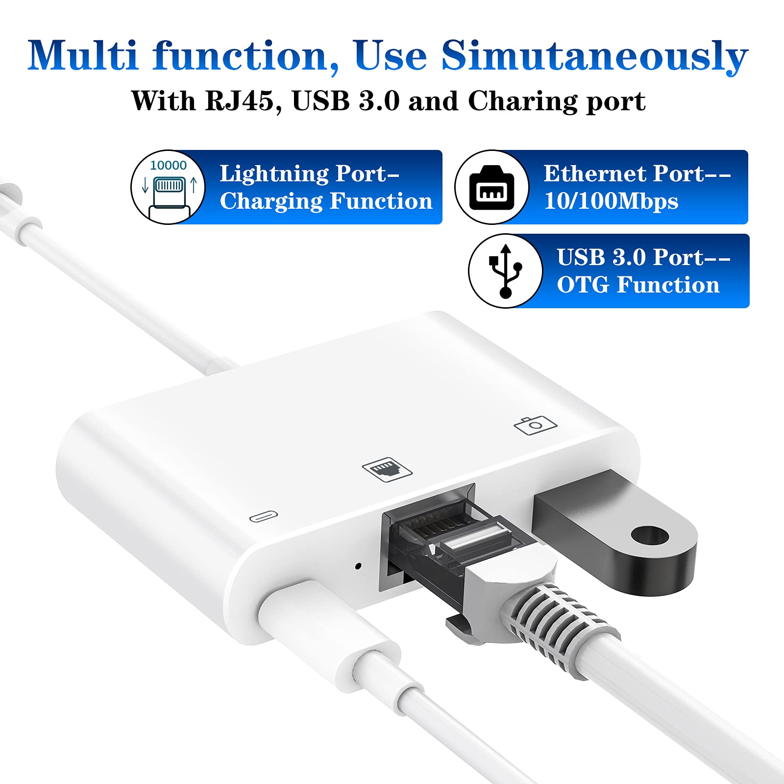 [Apple MFi Certified] Lightning to RJ45 Ethernet Adapter, 3 in 1 RJ45 LAN Ethernet Network Adapter for iPhone/iPad with Charge Port and USB 3.0 OTG Port Support USB Flash Drive/Keyboard/Mouse/Camera