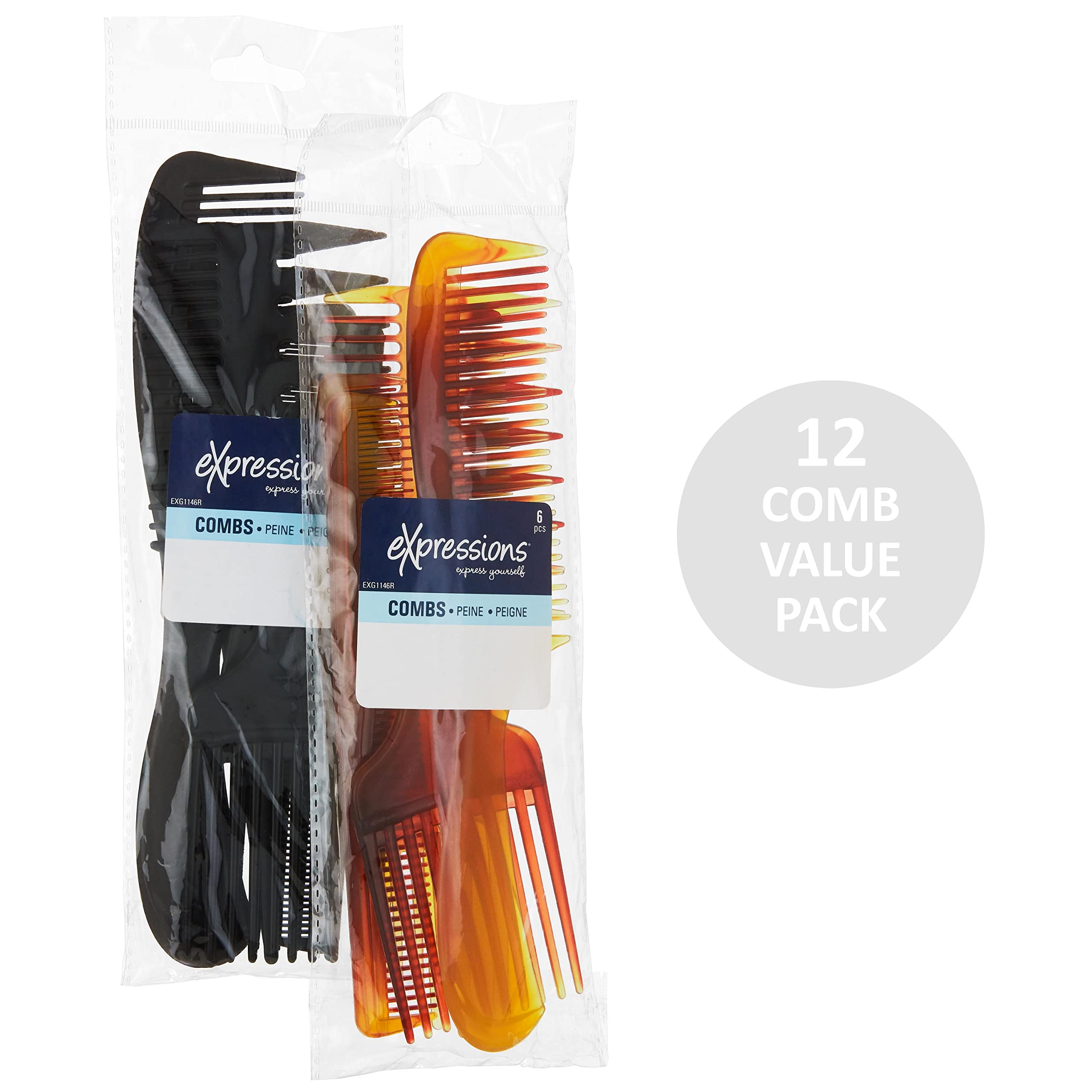 Expressions 12pc Styling Combs, Hair Comb Set for All Hair Types, Professional Barber Supplies, Durable Material, Gentle on Hair