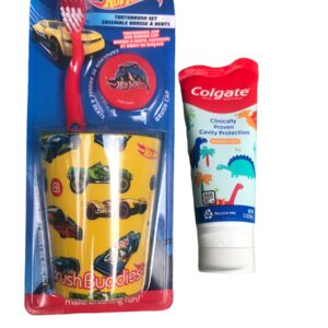 Kids Soft Bristles Toothbrush Set,Cap, Rinsing Cup Decorated with Race Cars, Easy to Grip, Kids Toothpaste (Bonus Included)