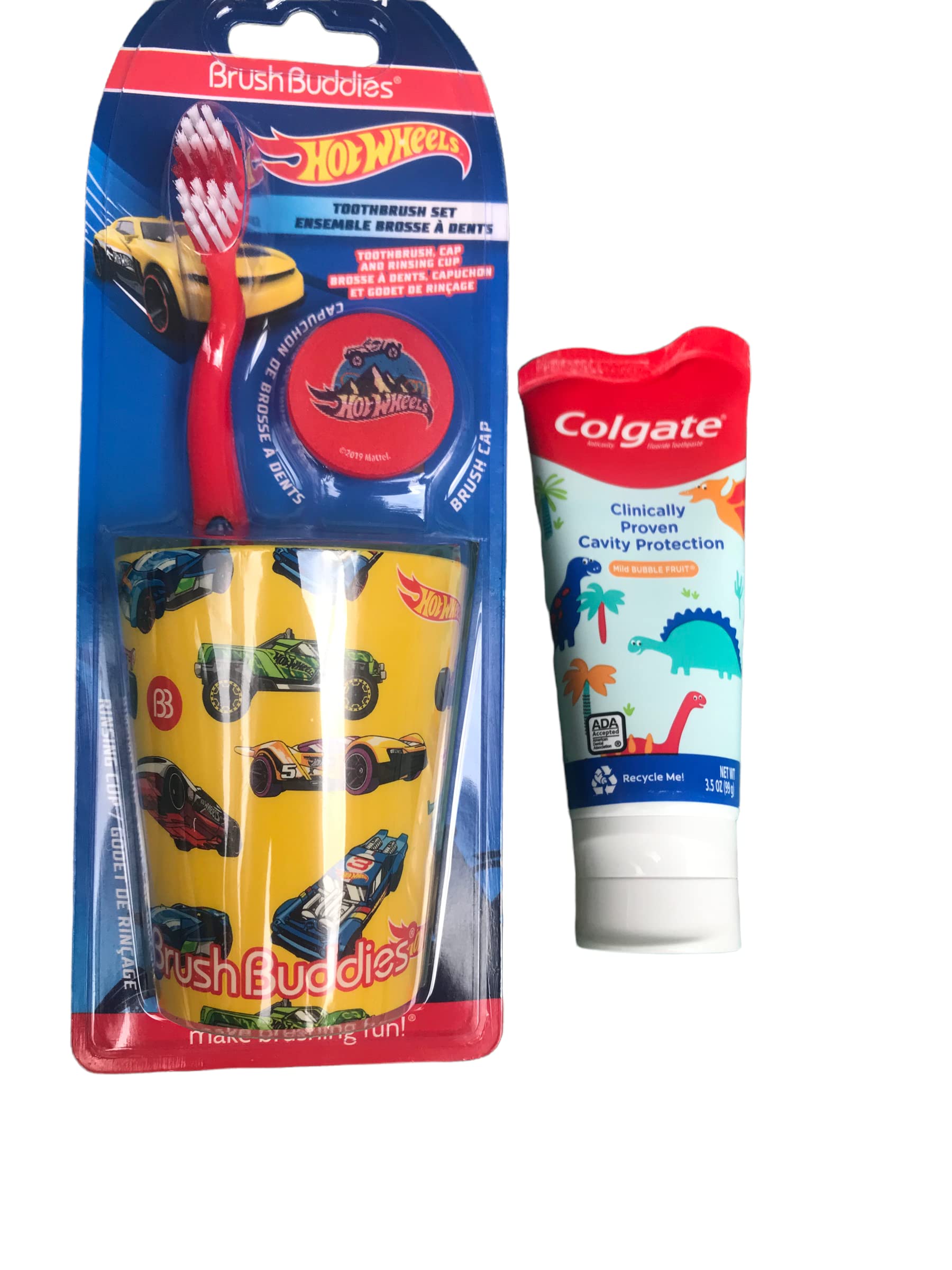 Kids Soft Bristles Toothbrush Set,Cap, Rinsing Cup Decorated with Race Cars, Easy to Grip, Kids Toothpaste (Bonus Included)