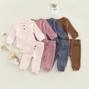 Newborn Baby Boy Girl Clothes Set Infant Ribbed Outfits Fall Winter Solid Color Romper with Elastic Long Pants 2Pcs (Pink, 6-12 Months)