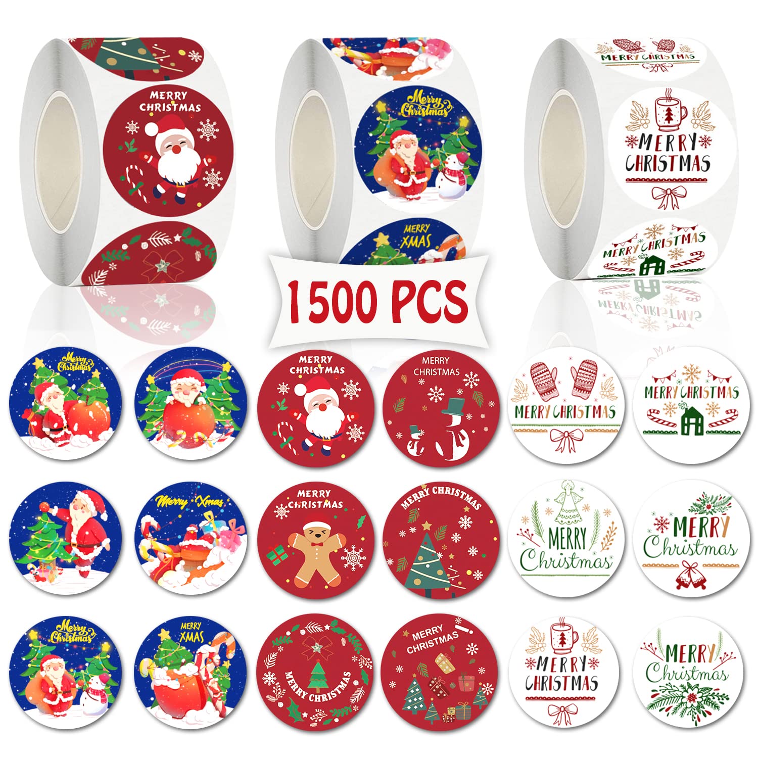 Partywind 1500 PCS Merry Christmas Stickers, Self-Adhesive Stickers Roll for Christmas Ornaments Decorations, Christmas Labels Stickers for Envelopes Crafts Decor (3 Rolls)