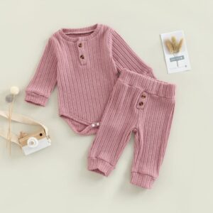 Newborn Baby Boy Girl Clothes Set Infant Ribbed Outfits Fall Winter Solid Color Romper with Elastic Long Pants 2Pcs (Pink, 6-12 Months)