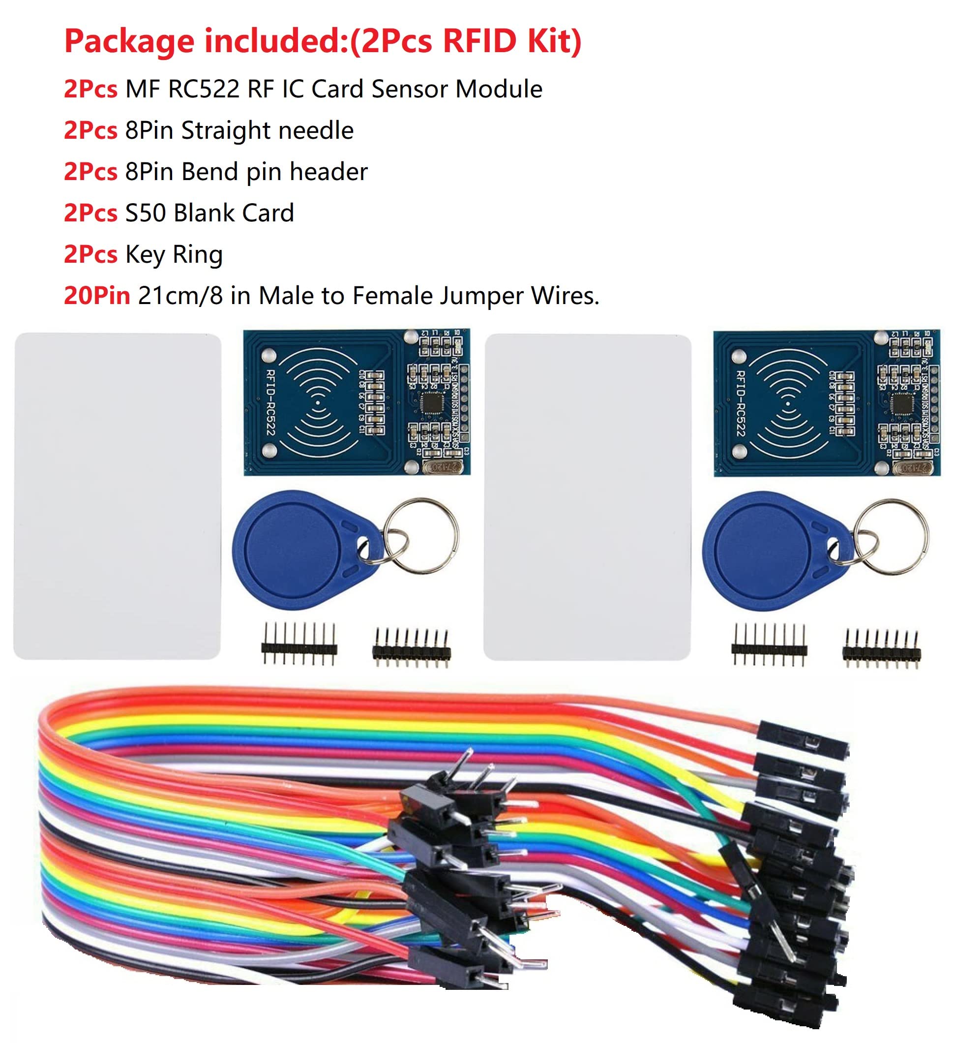 WWZMDiB 2 Pcs MFRC522 RFID Kit for Arduino Raspberry Pi（RC522 IC Card Sensor Module + S50 Blank Card + Key Ring + Jumper Wires）