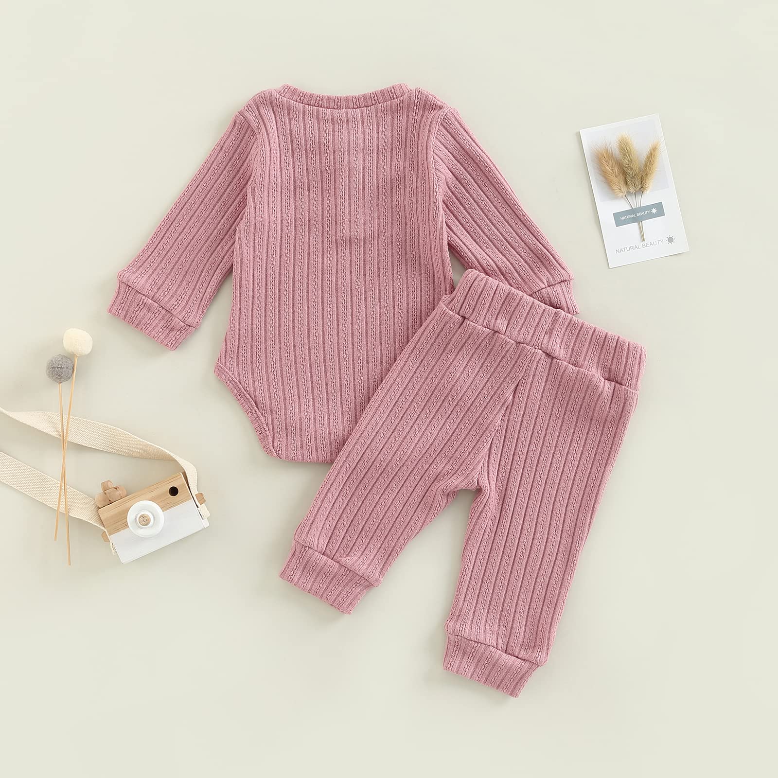 Newborn Baby Boy Girl Clothes Set Infant Ribbed Outfits Fall Winter Solid Color Romper with Elastic Long Pants 2Pcs (Pink, 6-12 Months)