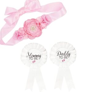 coolerthingsdg, 3pcs 2 badges white and a belly belt pink, baby pink maternity sash & daddy to be corsage set - baby shower sash baby girl pregnancy sash keepsake baby shower flower belly belt