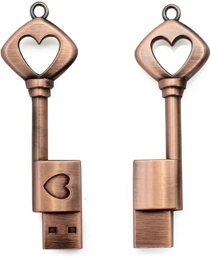 128GB USB 2.0 Flash Drive Metal Heart Key Ring Shape Waterproof Keychain USB Pen Drive Memory Stick Thumb Drives Pendrive