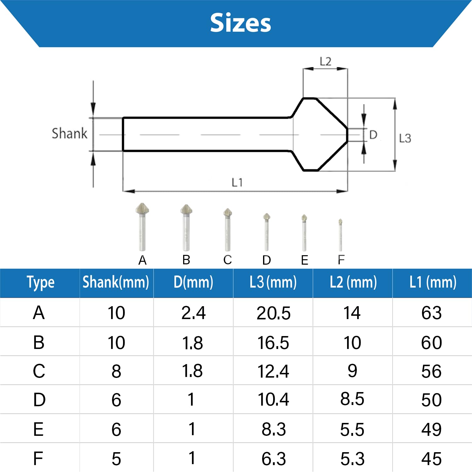 TJR® Countersink 90° Set of 6 Pieces 1/4", 1/3", 2/5", 1/2", 2/3", 4/5" HSS Uncoated, for chamfering. Tool Bits Set for Steel, Aluminum, Brass, Wood, Plastic (Uncoated in Original Rose Plastic Case)