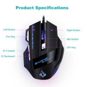 Bileeko Gaming Mouse Wired Mouse USB Optical Mouse 3200 DPI Adjustable Comfort Grip Ergonomic Mice RGB Breathing Backlit 7 Buttons Fire Key for Windows, Mac OS, Linux, Laptop Computer PC Black