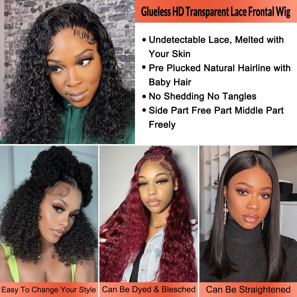 Curly Lace Front Wigs Human Hair 13X4 Kinky Curly Hd Lace Frontal Wig for Women Short Curly Human Hair Wigs Pre Plucked Deep Curly Transparent Lace Wigs 180 Density Glueless Human Hair Curly Wigs