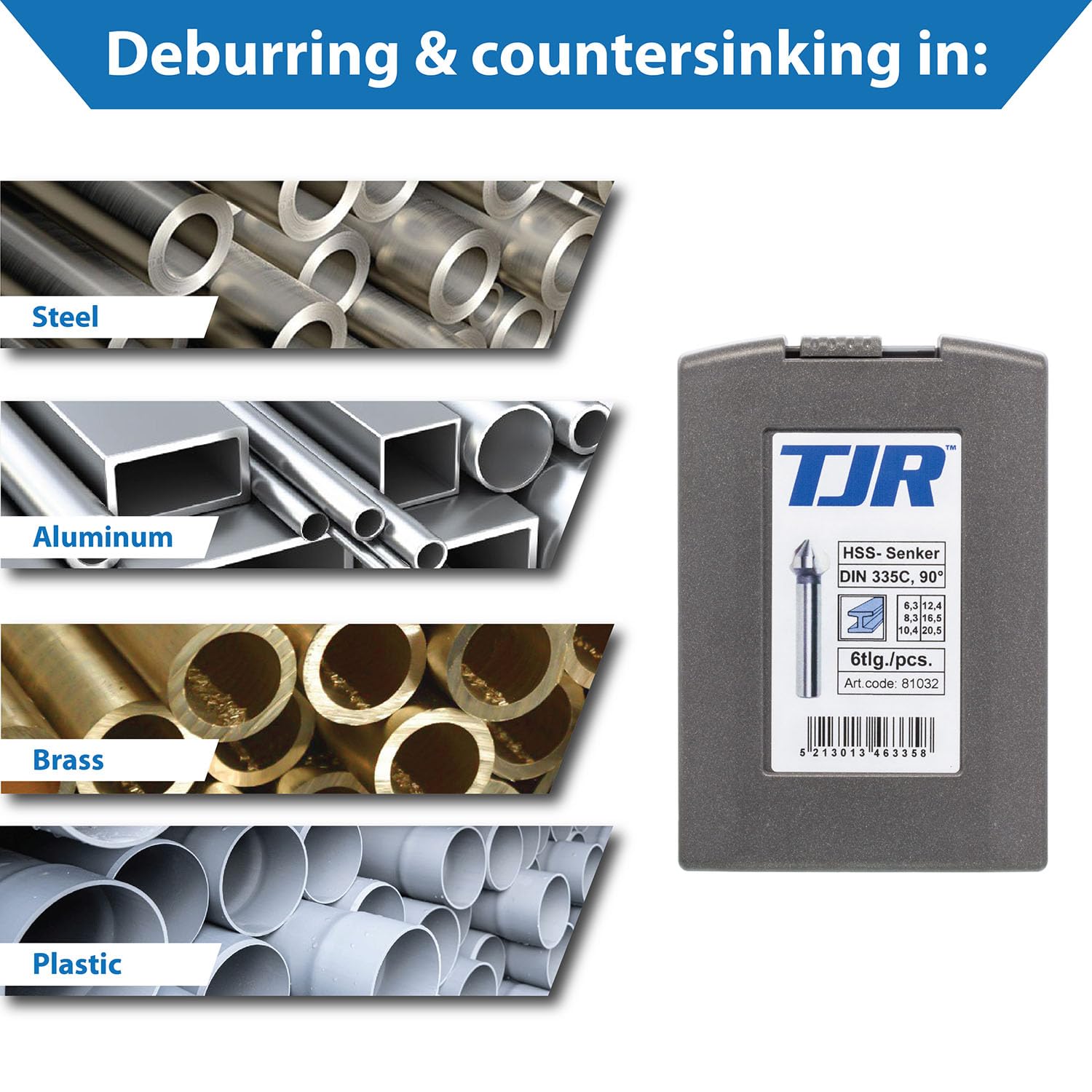 TJR® Countersink 90° Set of 6 Pieces 1/4", 1/3", 2/5", 1/2", 2/3", 4/5" HSS Uncoated, for chamfering. Tool Bits Set for Steel, Aluminum, Brass, Wood, Plastic (Uncoated in Original Rose Plastic Case)