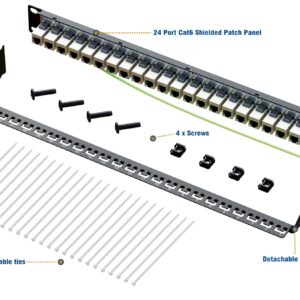 iwillink 10Gbps Patch Panel 24 Port, RJ45 Through Coupler Cat6 Patch Panel, STP Shielded Patch Panel 19-Inch 1U with Back Bar, Wallmount or Rackmount, Compatible with Cat5, Cat5e, Cat6 Cabling