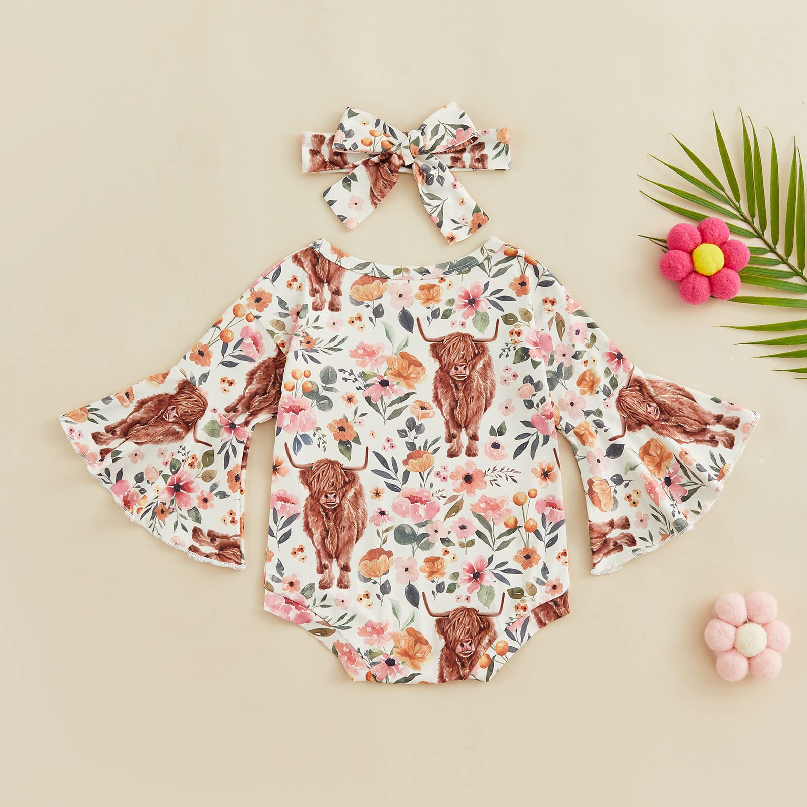 Newborn Baby Girl Romper Flare Long Sleeve Floral Cow Print Bodysuit Jumpsuit with Headband Cute Fall Winter Clothes (Pink, 0-6 Months)