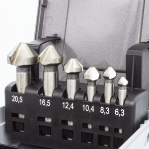 TJR® Countersink 90° Set of 6 Pieces 1/4", 1/3", 2/5", 1/2", 2/3", 4/5" HSS Uncoated, for chamfering. Tool Bits Set for Steel, Aluminum, Brass, Wood, Plastic (Uncoated in Original Rose Plastic Case)