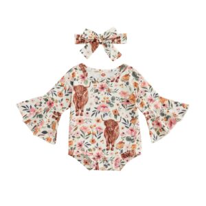 newborn baby girl romper flare long sleeve floral cow print bodysuit jumpsuit with headband cute fall winter clothes (pink, 0-6 months)