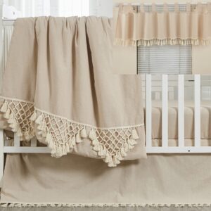 brandream 4pcs gender neutral boho bohemian baby girl boy nursery crib bedding set solid color beige farmhouse chic unisex minimalist tassel fringe macrame 100% washed cotton