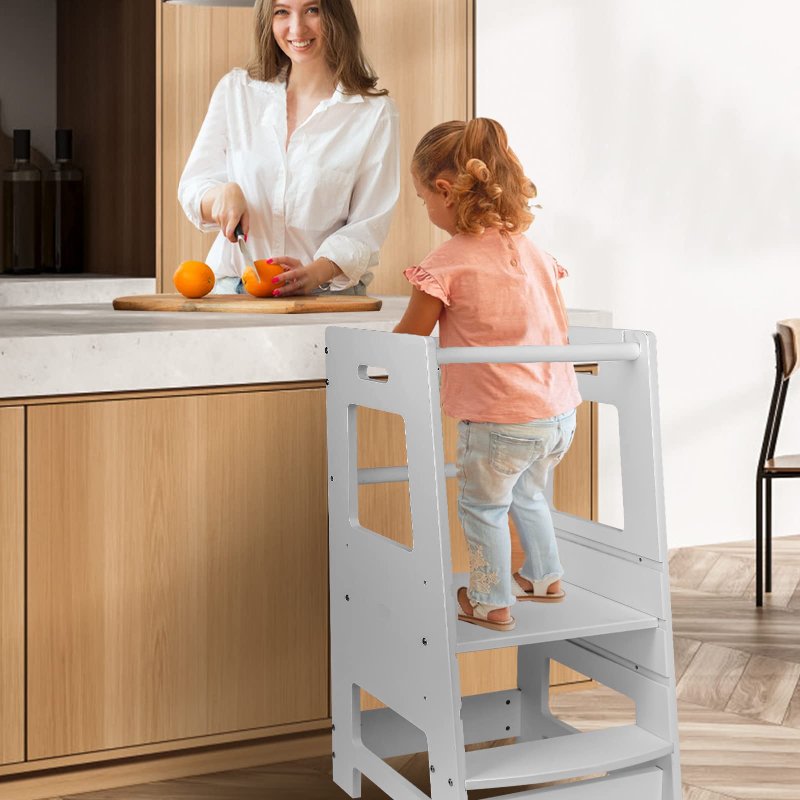 ACEHOME Toddler Kitchen Stool, Toddler Tower with Safety Rail, Toddler Stool for Kitchen Counter, Adjustable Height Little Helper Tower, Kitchen Stool for Toddlers 18 Months and Older, White