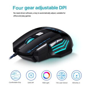 Bileeko Gaming Mouse Wired Mouse USB Optical Mouse 3200 DPI Adjustable Comfort Grip Ergonomic Mice RGB Breathing Backlit 7 Buttons Fire Key for Windows, Mac OS, Linux, Laptop Computer PC Black