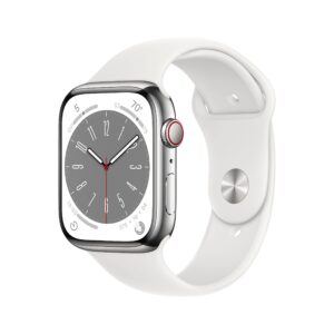 apple watch series 8 [gps + cellular 45mm] smart watch w/silver stainless steel case with white sport band - m/l. fitness tracker, blood oxygen & ecg apps, always-on retina display, water resistant