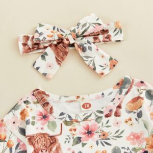 Newborn Baby Girl Romper Flare Long Sleeve Floral Cow Print Bodysuit Jumpsuit with Headband Cute Fall Winter Clothes (Pink, 0-6 Months)